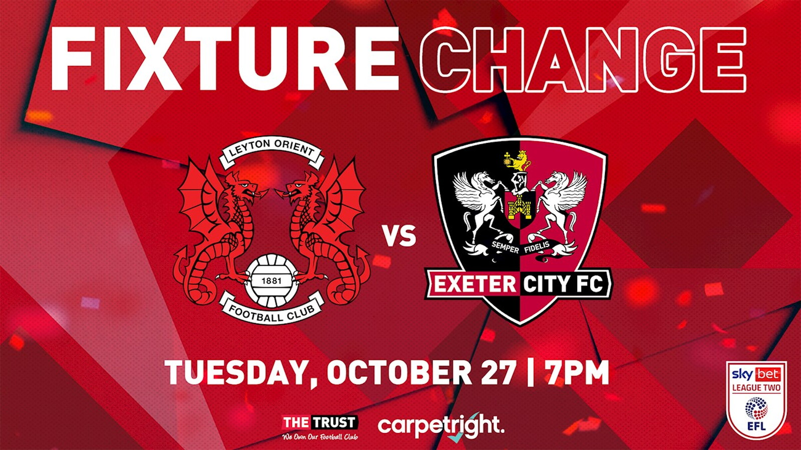 🗓 Fixture Update: Leyton Orient match now a 7pm kick-off | Exeter City F.C.
